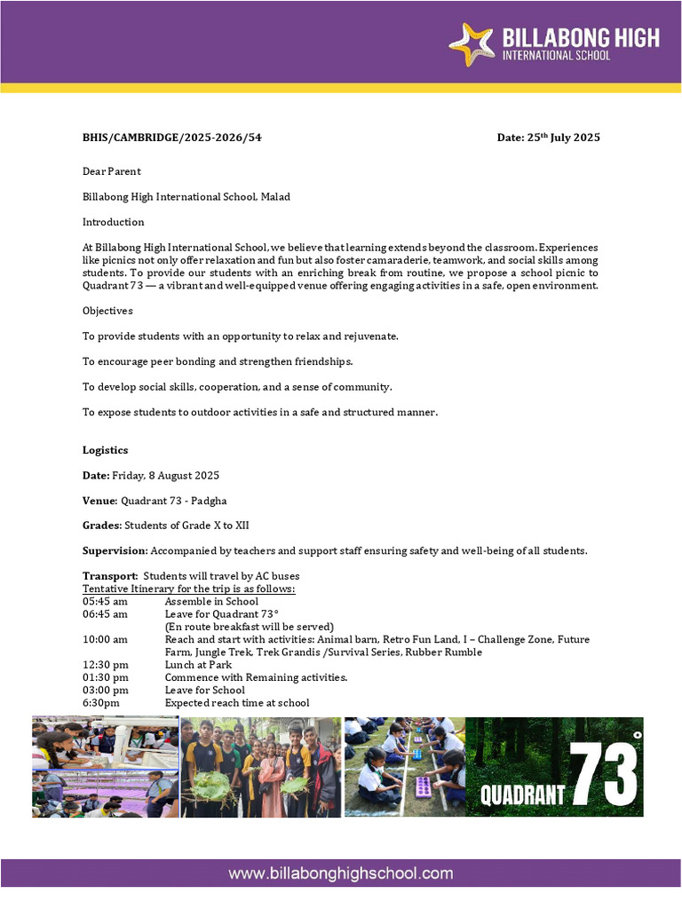 Billabong High School Picnic 2025 Details | PDF