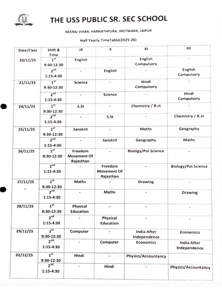 Time Table Class-9 to 12 | PDF
