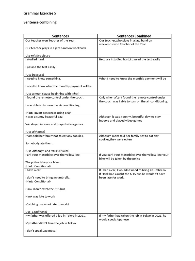 Grammar for Sentence Combining Ex 5.0 Without KEY | PDF | Linguistics ...