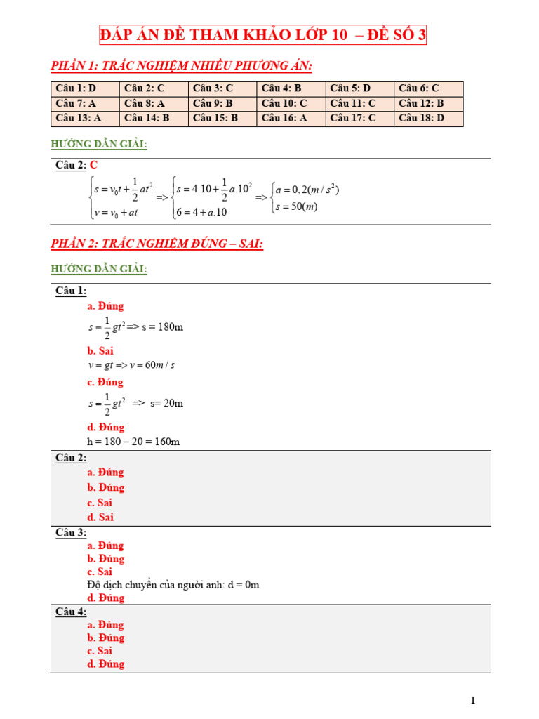 Đáp Án Đề Tham Khảo Lý 10 - Đề 3 | PDF