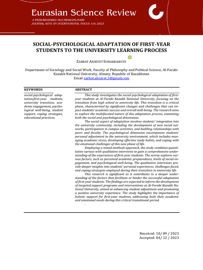 Social-Psychological Adaptation of First-Year Students To The ...