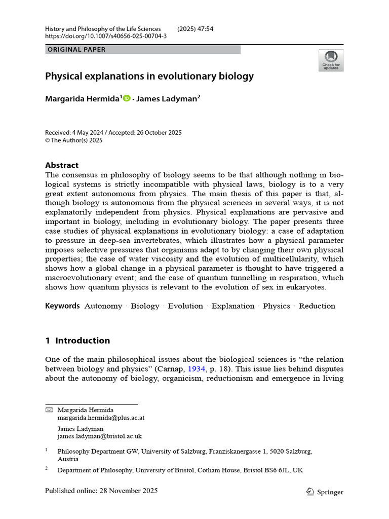 Physical Explanations in Evolutionary Biology | PDF | Mitochondrion ...