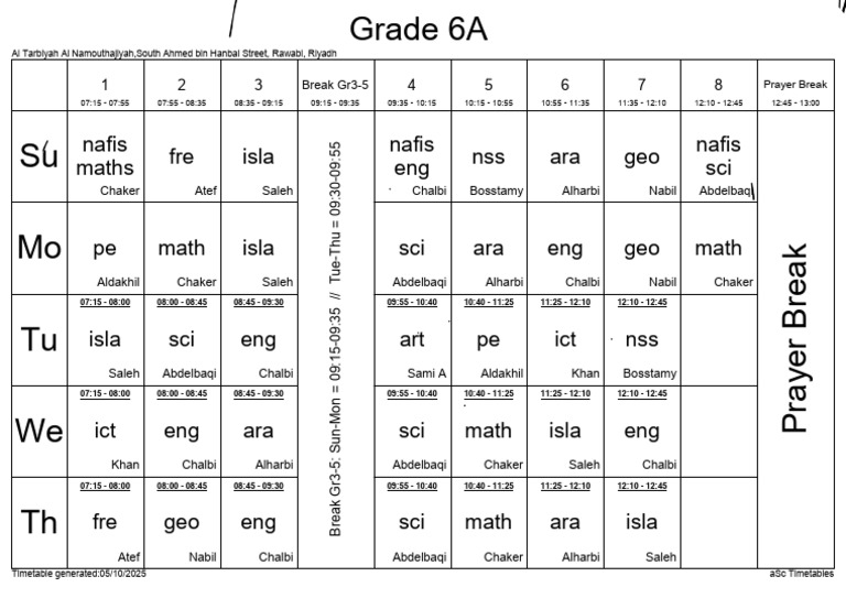 6A Class Schedule S1 W7 2025-2026 | PDF