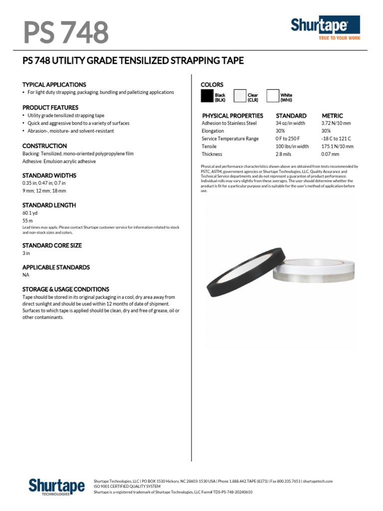PS748UtilityGradeTensilizedStrappingTapeTechnicalDataSheet (1) | PDF ...