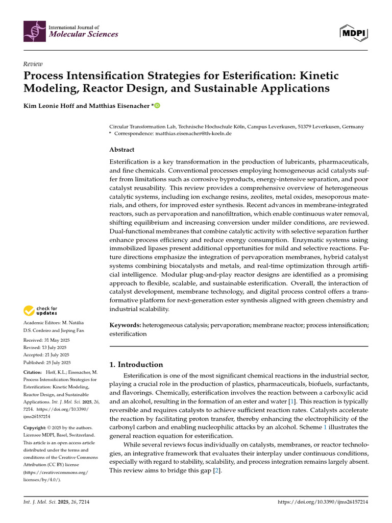 Esterification Process Intensification Review | PDF | Catalysis ...