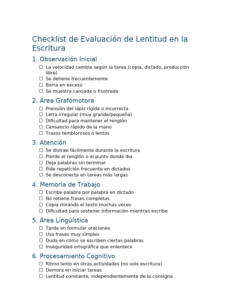 Checklist Lentitud Escritura | PDF