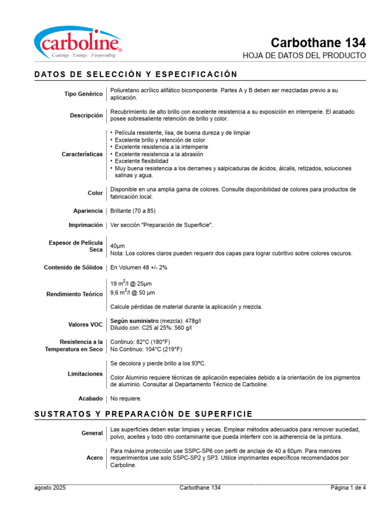Carbothane 134: Recubrimiento Poliuretano | PDF | Pintar | Aluminio
