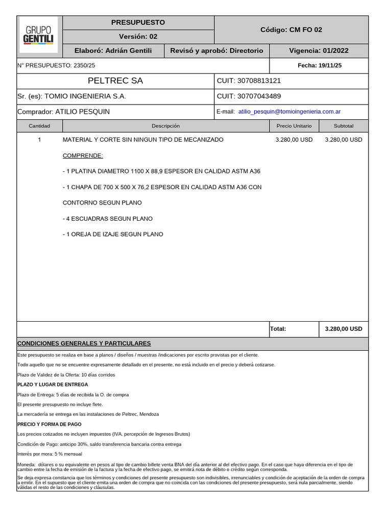 Presup.n° 2350-25 - Gentili - Brida y Oreja Izaje | PDF | Presupuesto ...