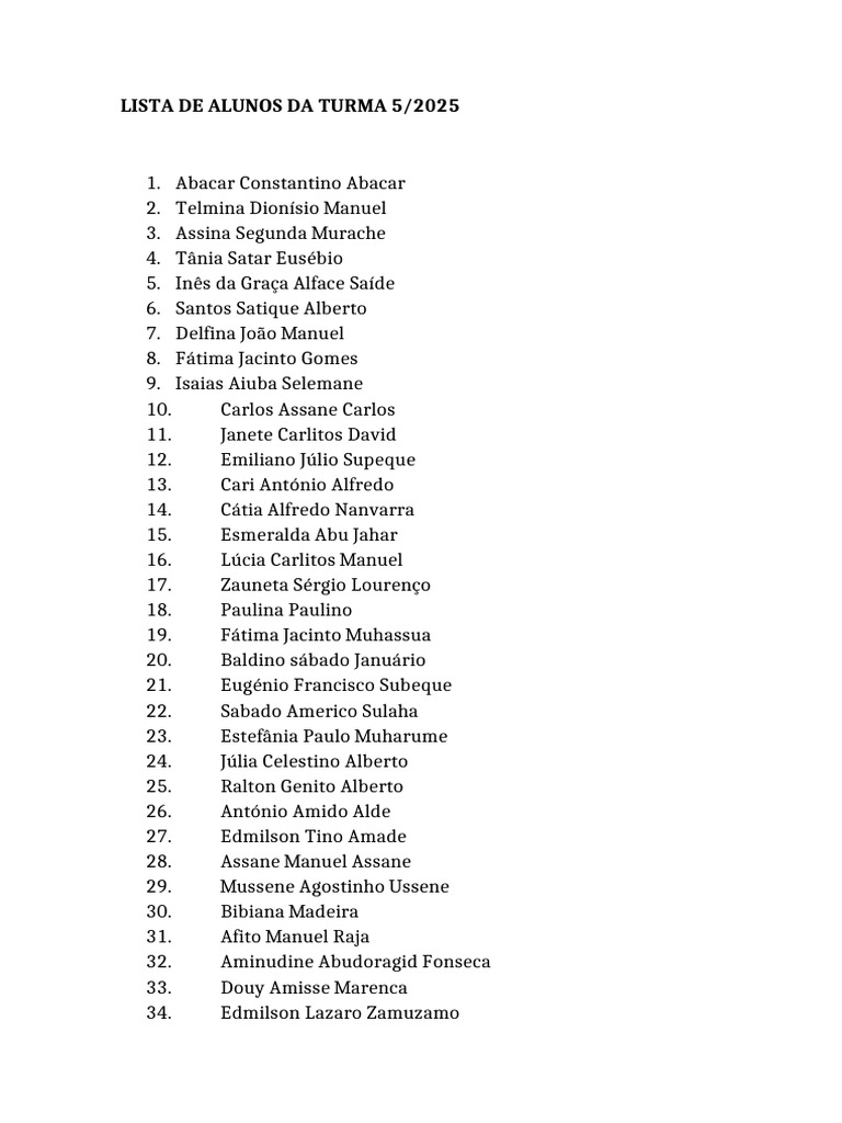 Lista de Alunos Da Turma 5 | PDF