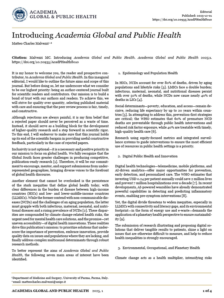 Introducing Academia Global Health Journal | PDF | Public Health | Non ...