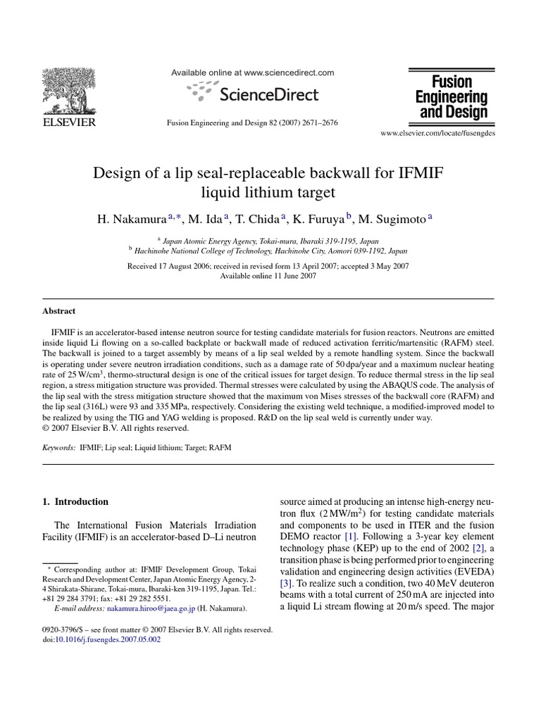 Design of Replaceable Lip Seal for IFMIF | PDF | Nuclear Physics ...