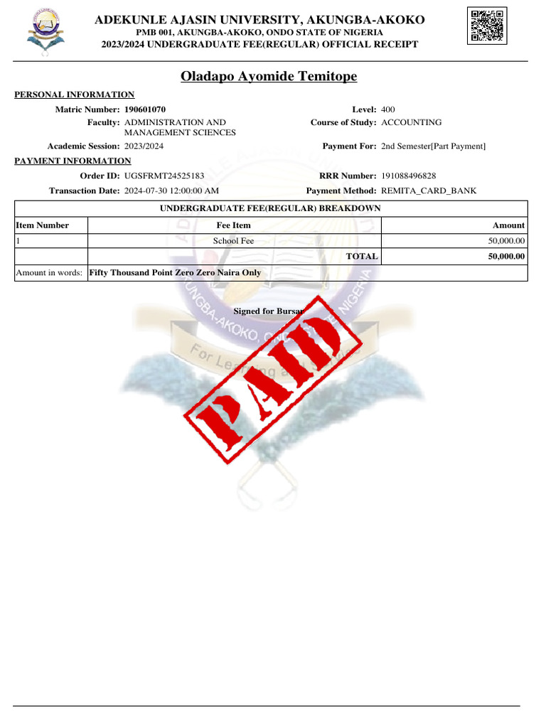 Oladapo Ayomide Temitope 400 Undergraduate Fee(Regular) Receipt | PDF