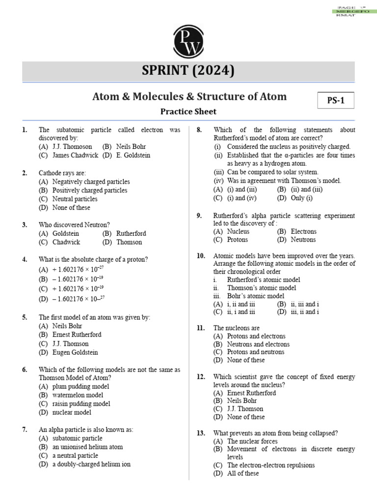 Atom Structure Practice Questions | PDF | Atoms | Atomic Nucleus