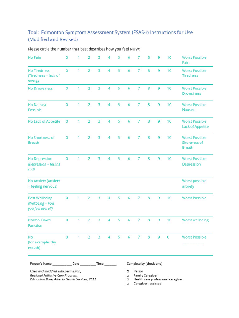 Edmonton Symptom Assessment System ESASr Instructions | PDF ...