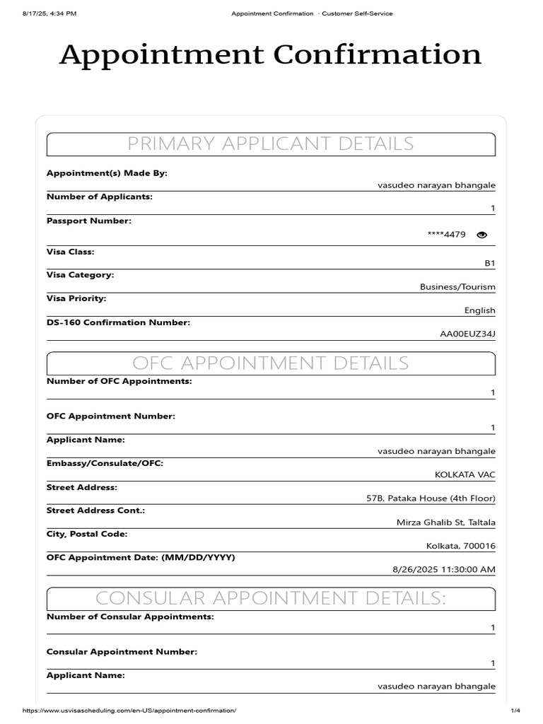 U.S. Visa Appointment Confirmation Details | PDF | Travel Visa | Passport