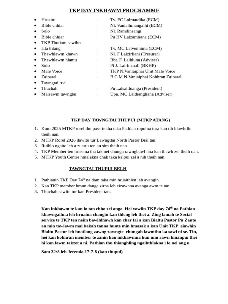 Tkp Day Inkhawm Programme | PDF
