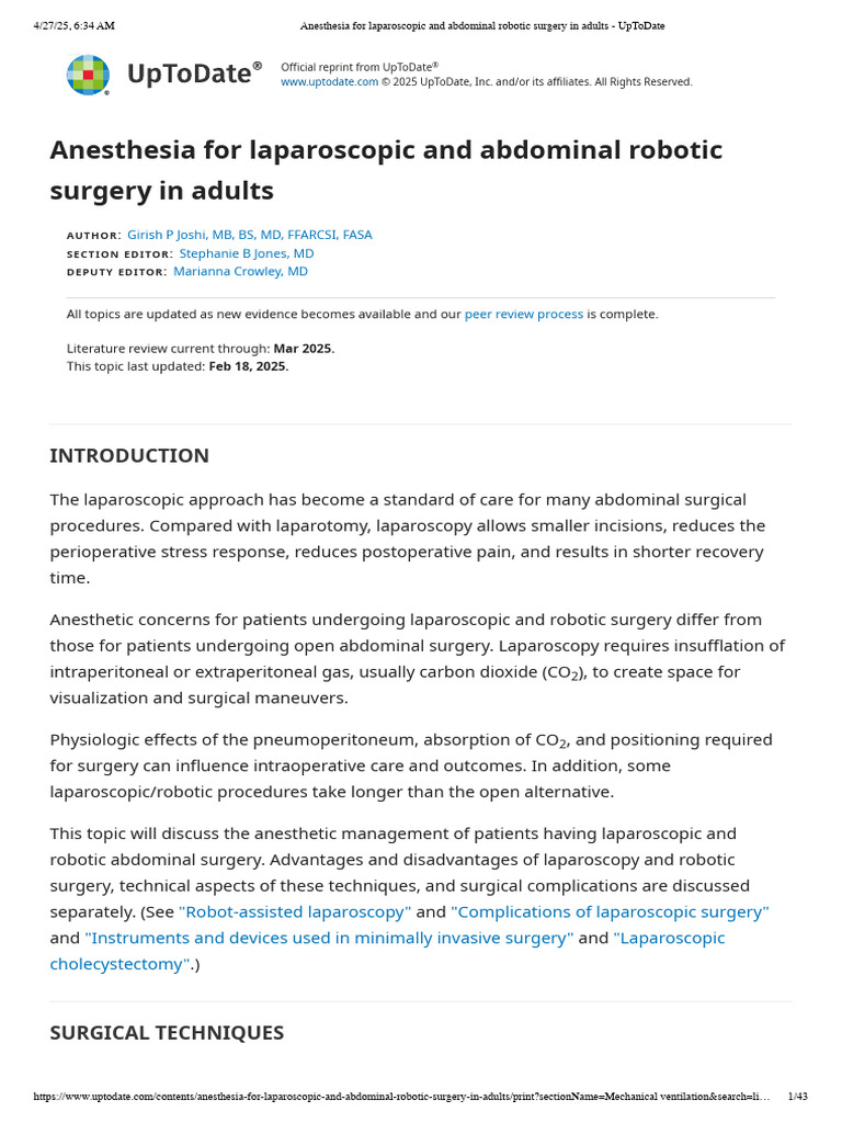 Anesthesia for Laparoscopic and Abdominal Robotic Surgery in Adults ...