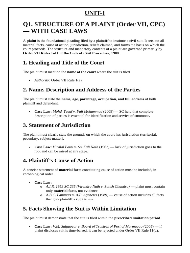Structure of a Civil Plaint Explained | PDF | Affidavit | Deed