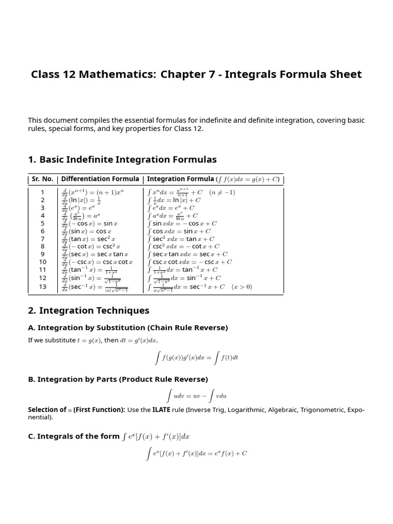 Class 12 Integrals Formula Sheet | PDF | Arithmetic | Algebra