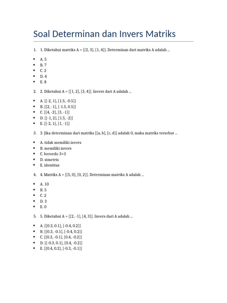 Soal Determinan dan Invers Matriks | PDF
