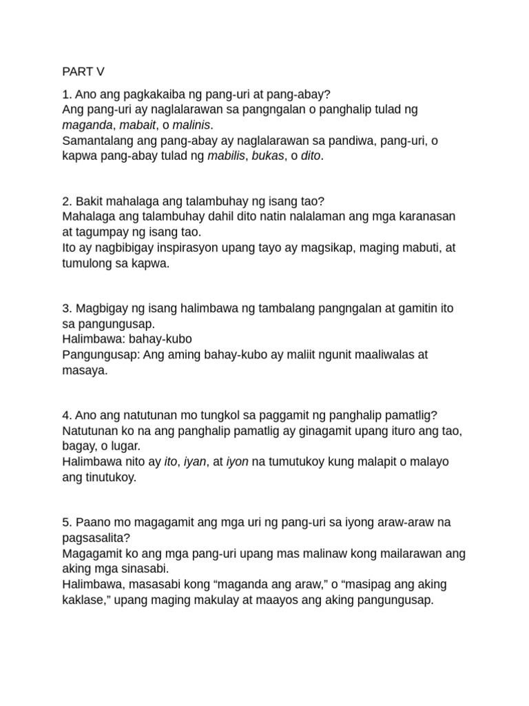 PART V Essay Filipino Grade 4 | PDF