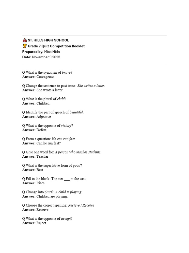 Grade 7 Quiz Competition Guide | PDF | Earth | Planets