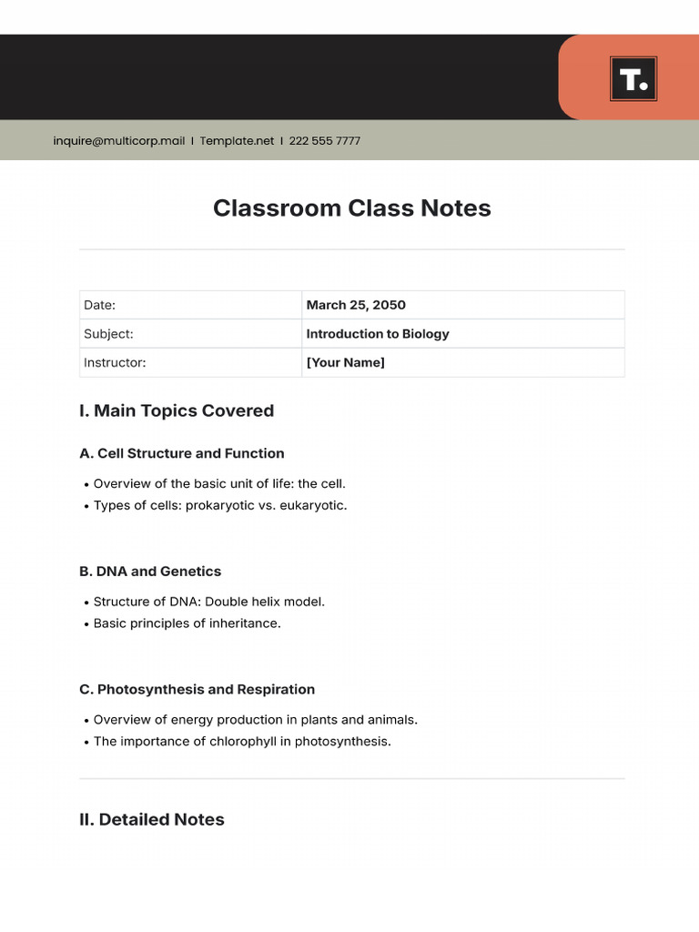 Classroom Class Notes Template | PDF