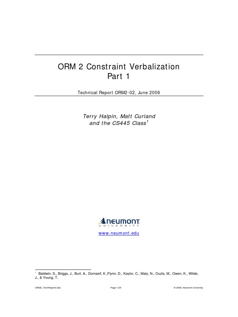 ORM 2 Constraint Verbalization: Terry Halpin, Matt Curland and The CS445 Class | PDF | Modal ...