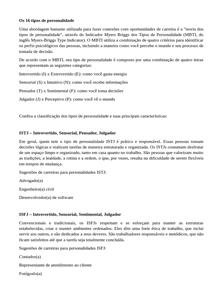 Tipos de Personalidade MBTI e Carreiras | PDF | Tipo de personalidade ...