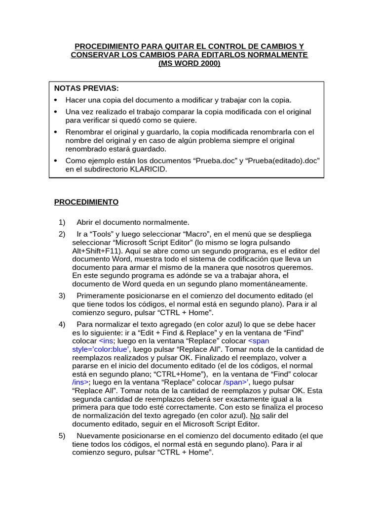 Ms Word 2000 - Track Changes (Control de Cambios) - Quitar | PDF ...