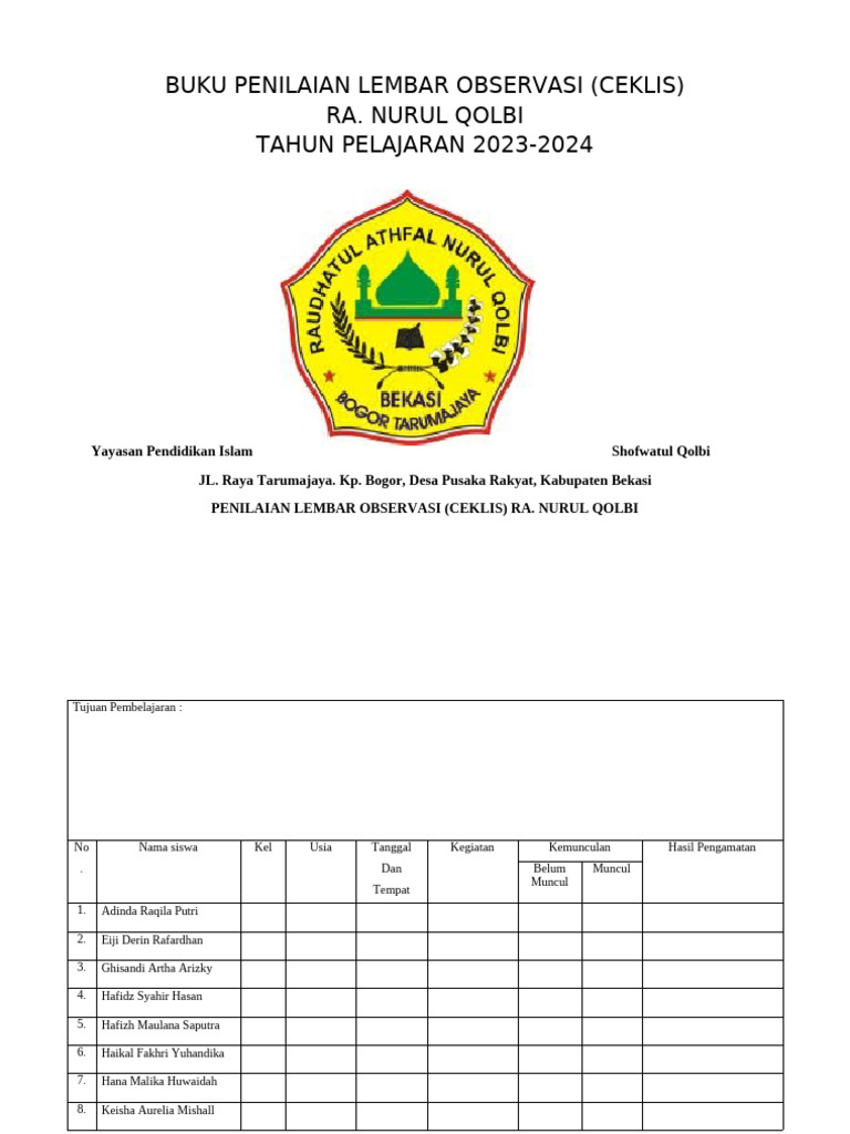 3) Buku Penilaian Lembar Observasi (Ceklis) | PDF