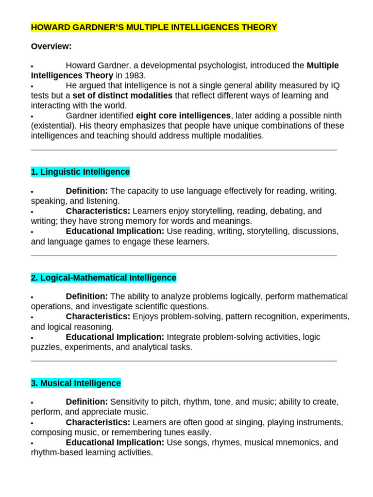 Howard Gardners Multiple Intelligences Theory | PDF | Intelligence ...