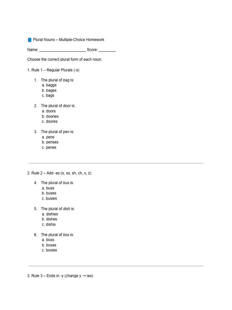 Plural Nouns Multiple-Choice Quiz | PDF