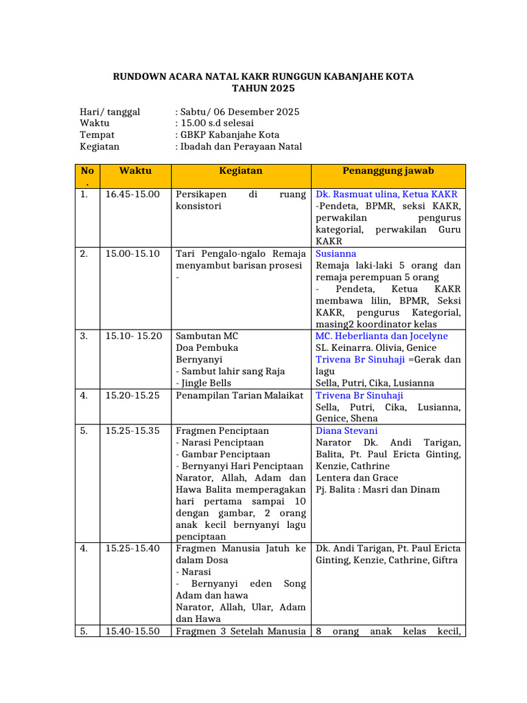 Rundown Perayaan Natal KAKR 2025 | PDF