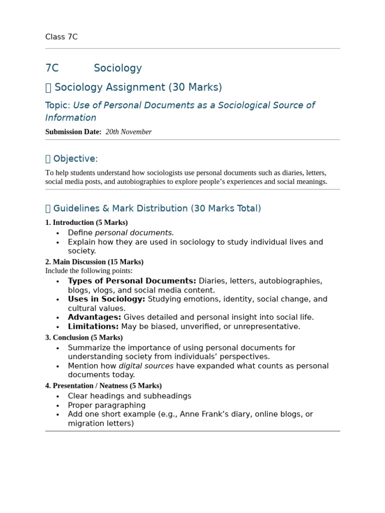 Sociology Assignment Topic For Class 7C | PDF
