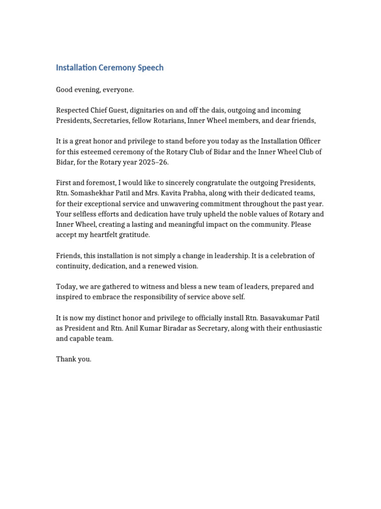 Rotary Club Installation Ceremony Speech | PDF