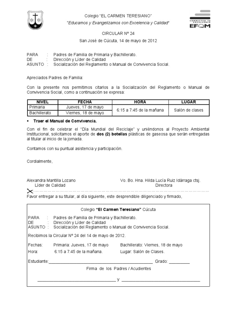 Circular 024 - Socialización Del Reglamento o Manual de Convivencia Social. | PDF