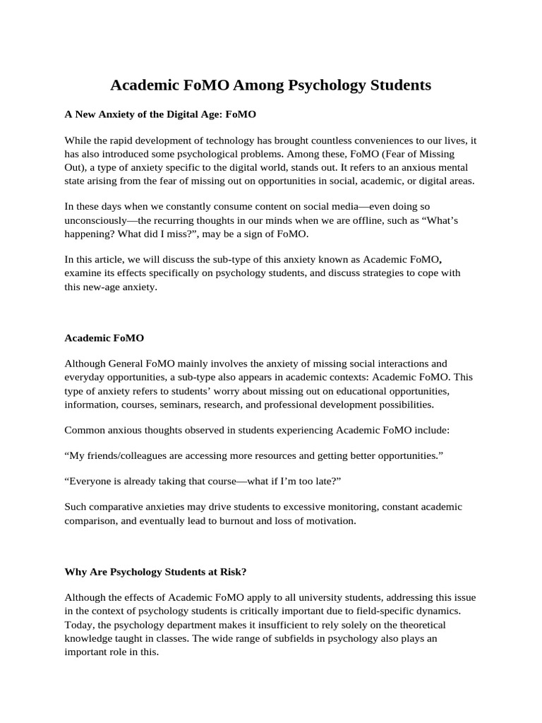 Understanding Academic FoMO in Psychology | PDF | Anxiety | Psychology
