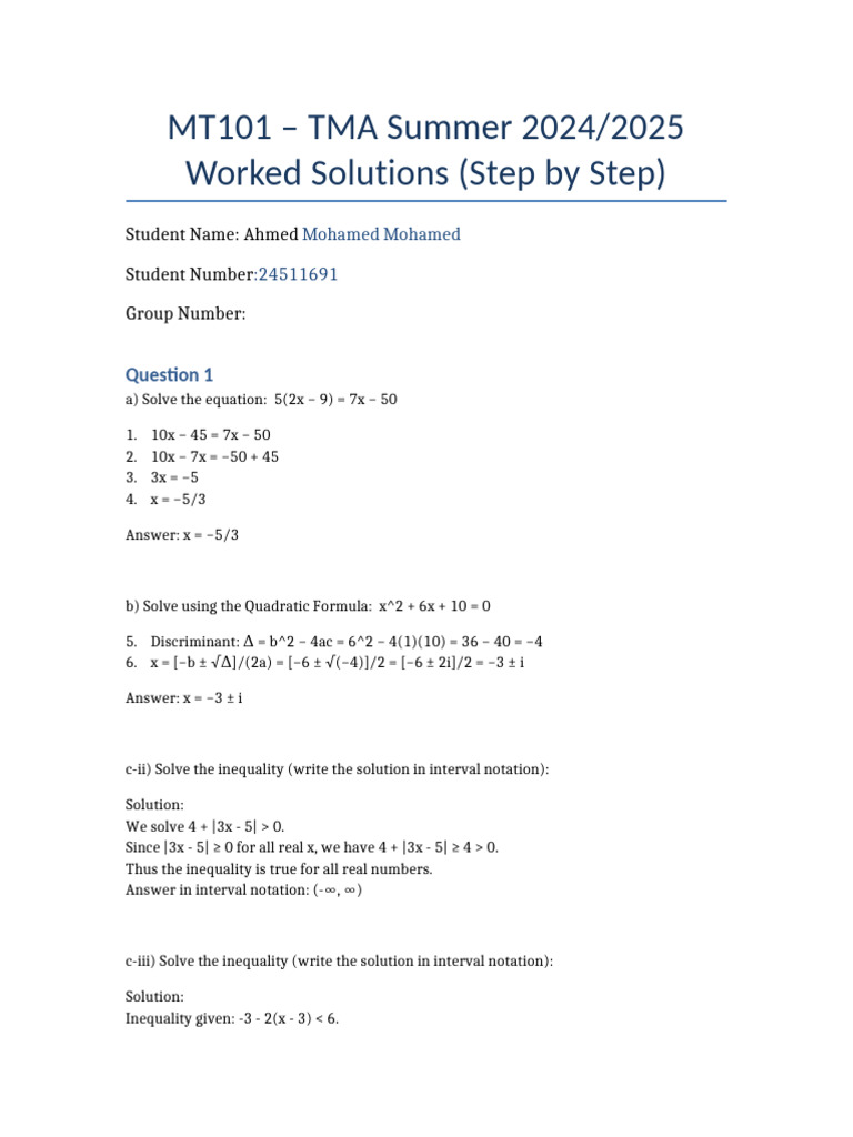 MT101 TMA Summer 2024/2025 Solutions | PDF | Monotonic Function ...