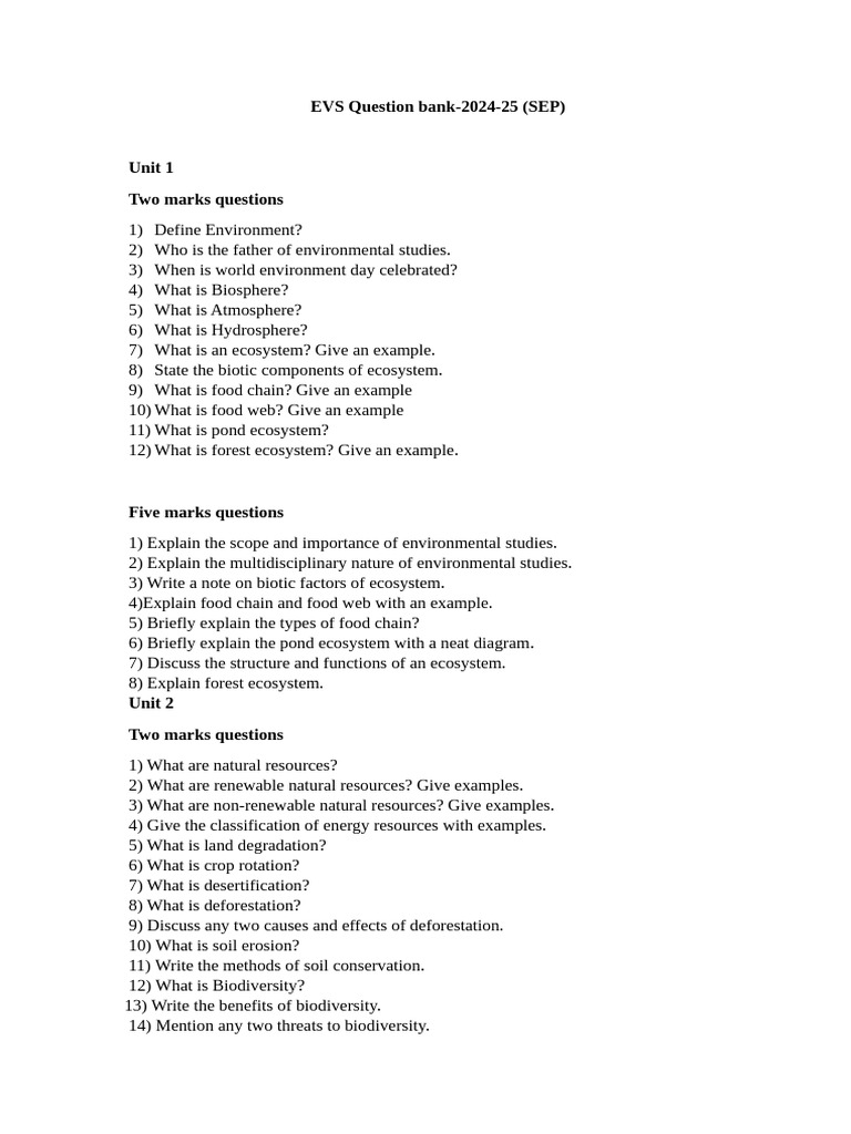 EVS Question Bank 2024-25 Guide | PDF | Ecosystem | Natural Environment