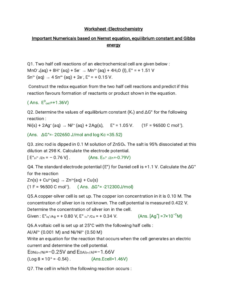 Electrochemistry Numericals | PDF | Gibbs Free Energy | Electrochemistry