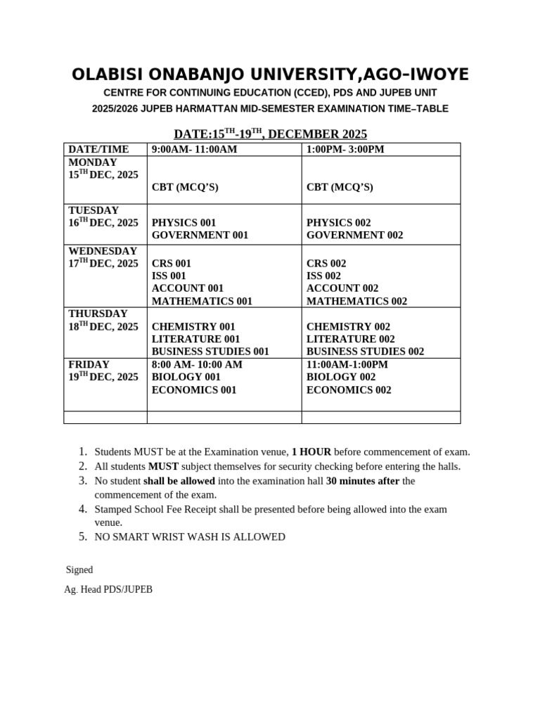 Final Draft Exam Time Table | PDF