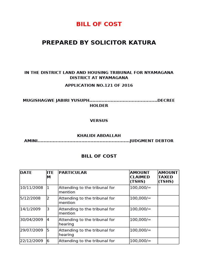 Bill of Costs for Tribunal Case 121/2016 | PDF