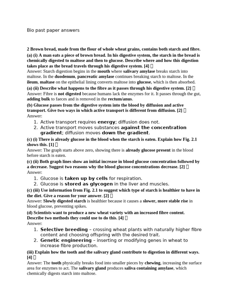 Bio Past Paper Answers | PDF | Digestion | Small Intestine