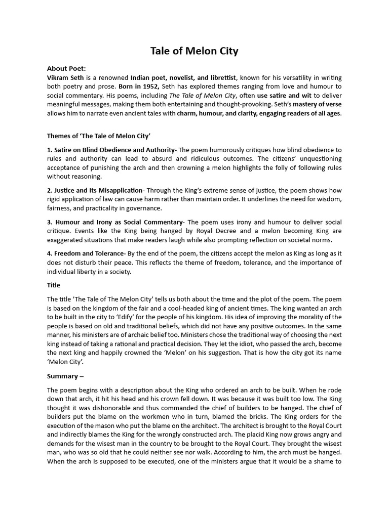 Themes in Vikram Seth's Melon City | PDF | Poetry | Satire