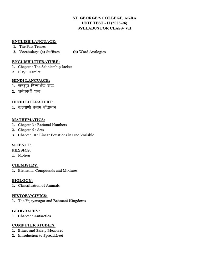 Syllabus For Ut-2 For Class-Vii | PDF