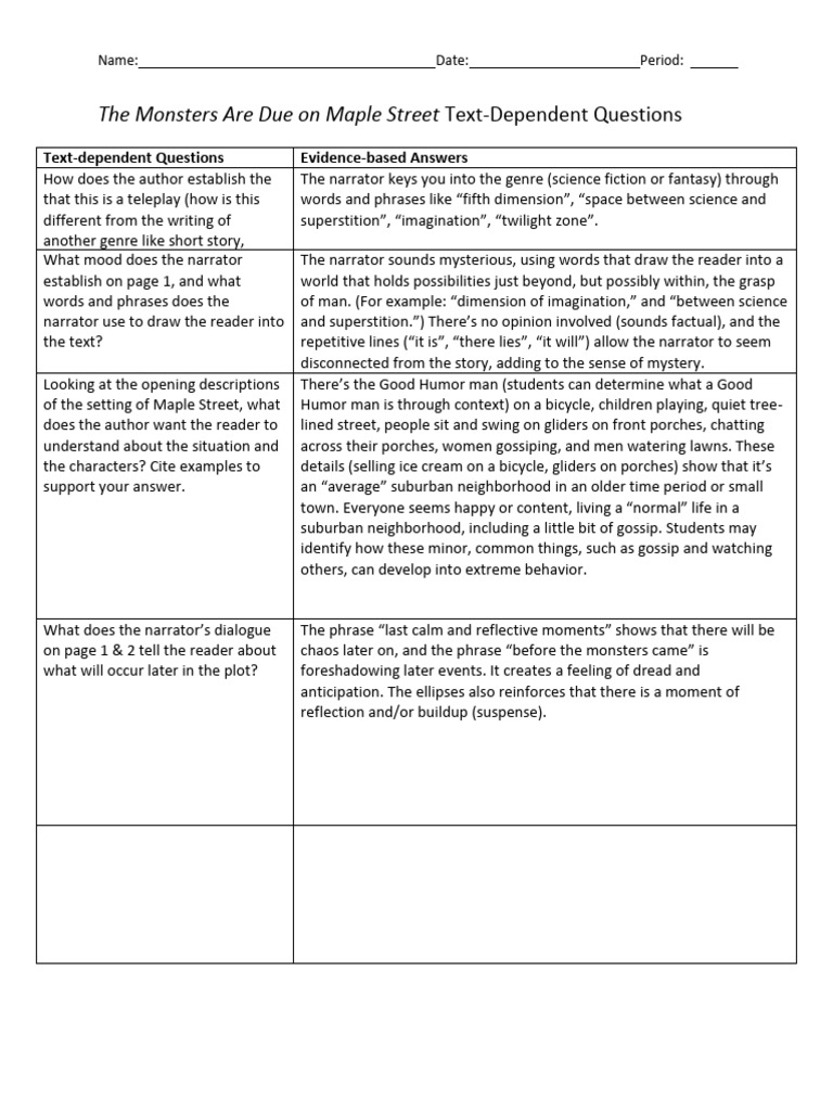 Text-Dependent Questions for "Monsters" | PDF | Ellipsis | Anxiety