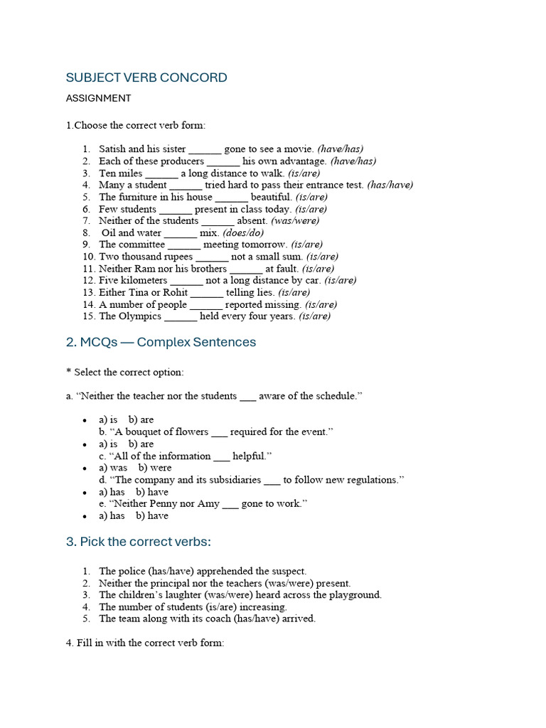 Subject Verb Concord Assignment | PDF