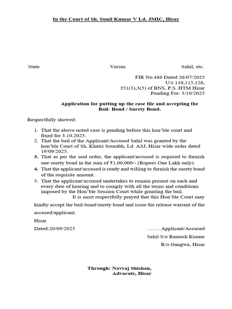 Bail Bond Application for Sahil, Hisar | PDF
