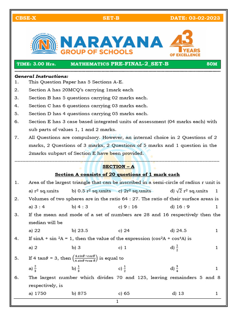 CBSE Class 10 Math Pre-Final Set B | PDF | Factorization | Circle